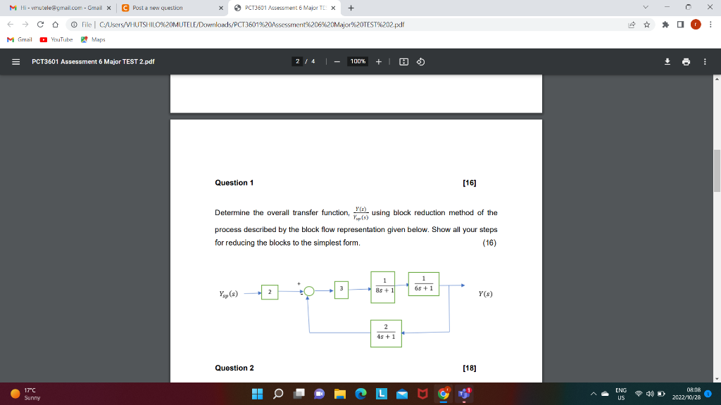 Solved Determine the overall transfer function, Ysp(s)Y(s) | Chegg.com