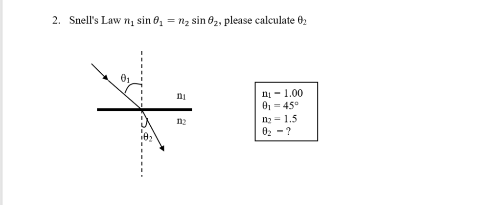 Solved 2. Snell's Law n1 sin θ,-n2 sin θ2, please calculate | Chegg.com
