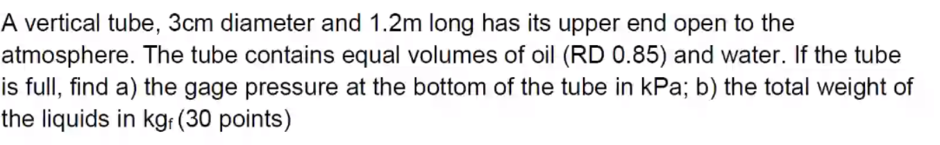 Solved A vertical tube, 3cm diameter and 1.2m long has its | Chegg.com