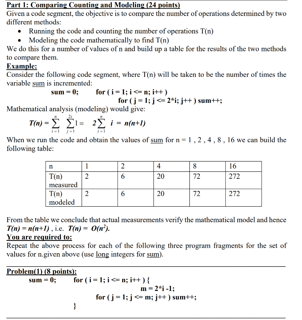 Part 1: Comparing Counting and Modeling (24 points) | Chegg.com