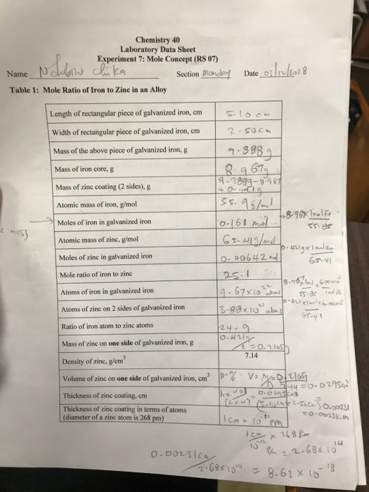 Solved Chemistry 40 Laboratory Data Sheet Experiment 7: Mole | Chegg.com