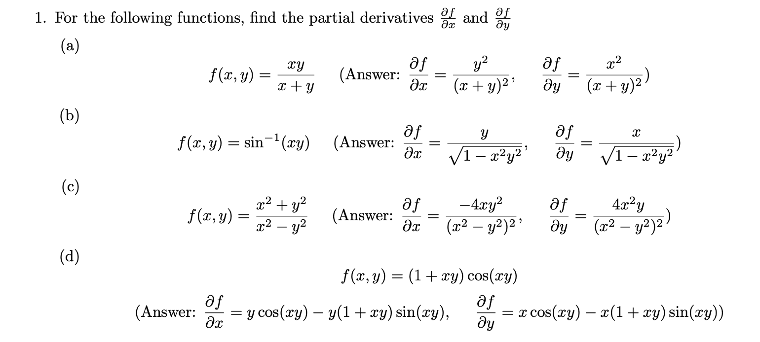 Solved 1. For the following functions, find the partial | Chegg.com