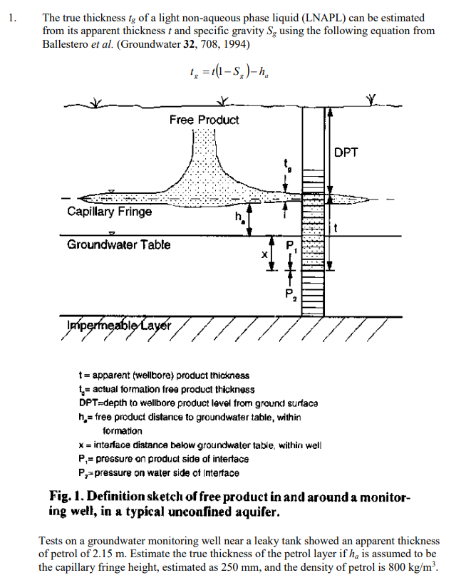 Solved 1. The true thickness tg of a light non-aqueous phase | Chegg.com