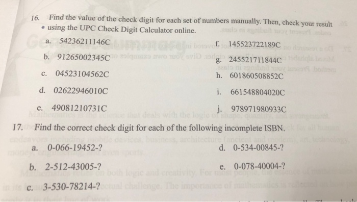 Solved Find the value of the check digit for each set of | Chegg.com