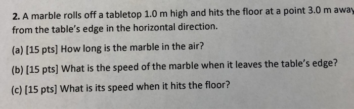 Solved 2. A marble rolls off a tabletop 1.0 m high and hits | Chegg.com