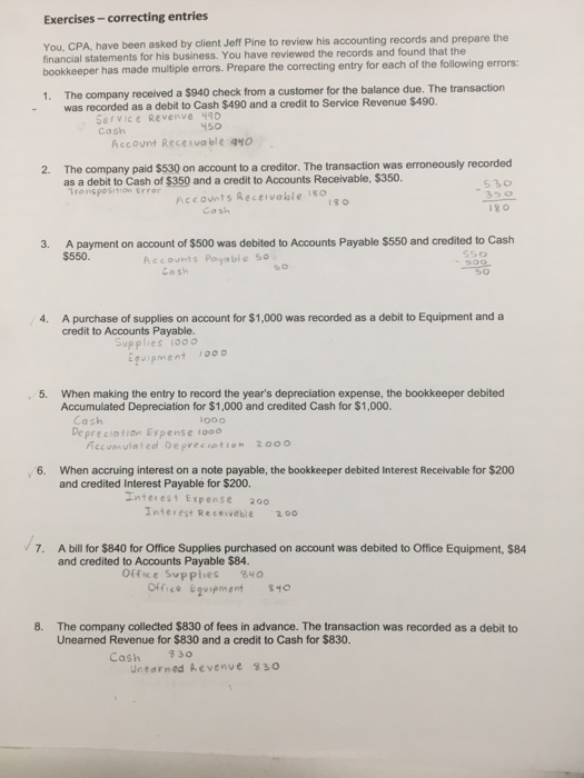 Solved Exercises -correcting entries You, CPA, have been | Chegg.com