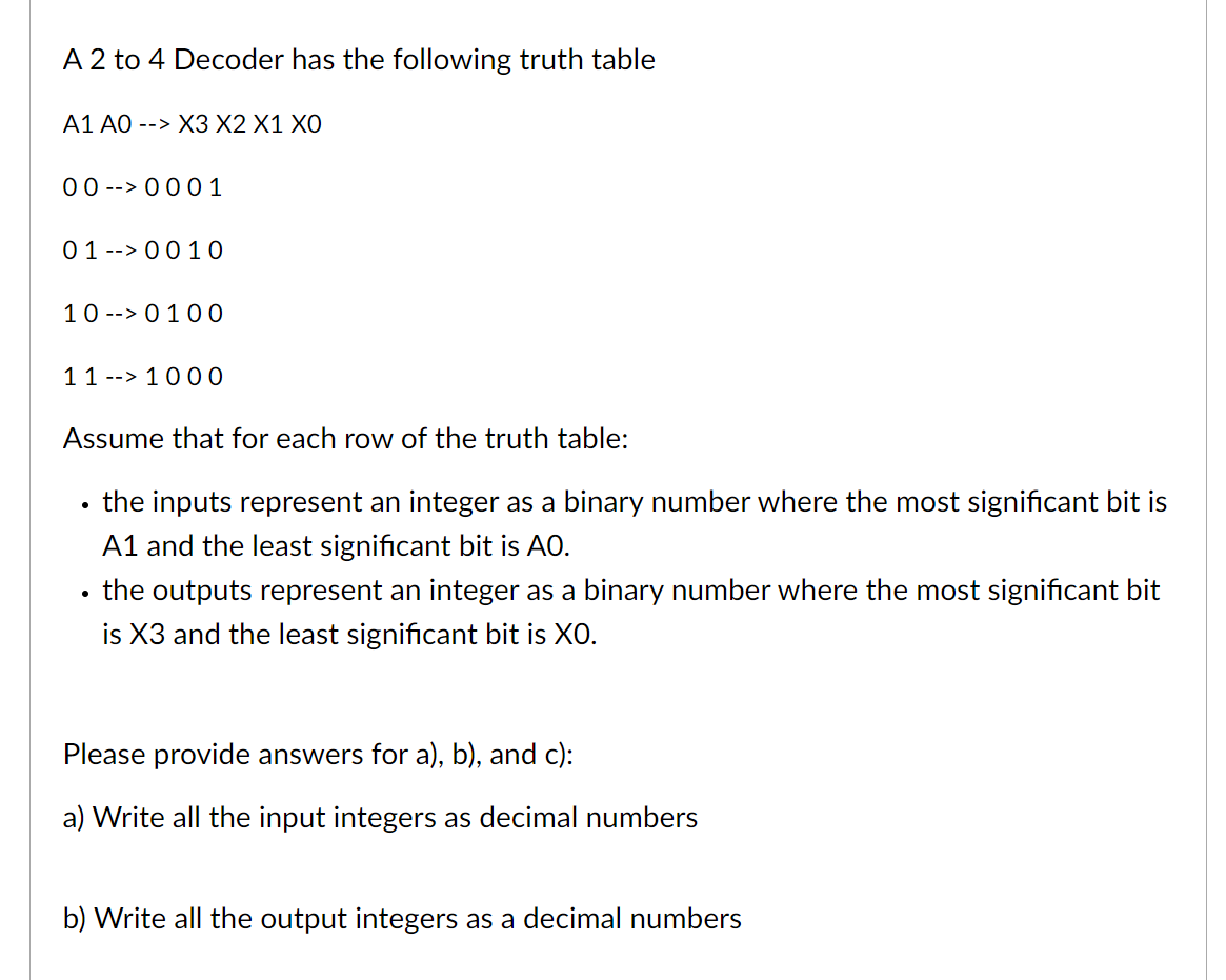 Solved A 2 to 4 Decoder has the following truth table A1 AO | Chegg.com