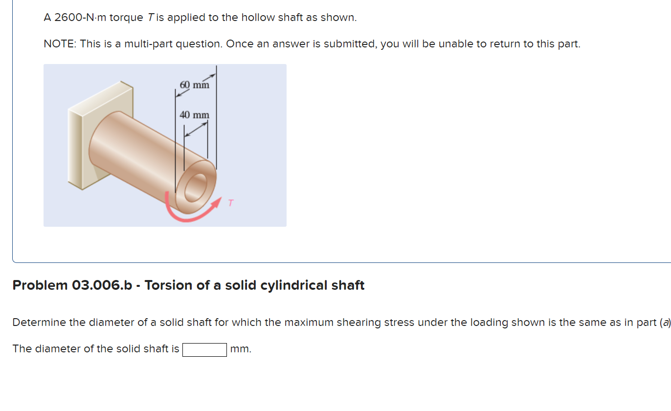 Solved A 2600−N⋅m torque T is applied to the hollow shaft as | Chegg.com