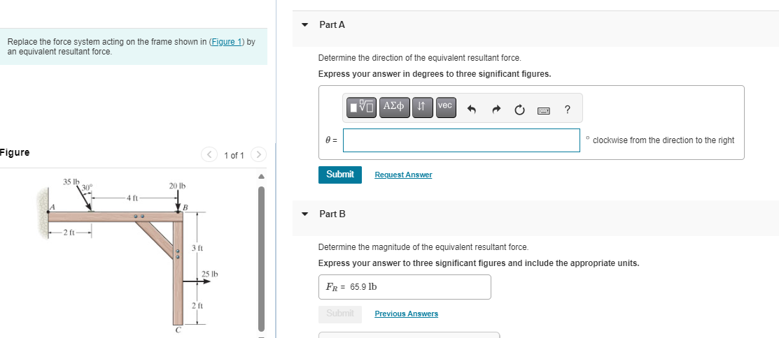Solved Part AReplace the force system acting on the frame | Chegg.com