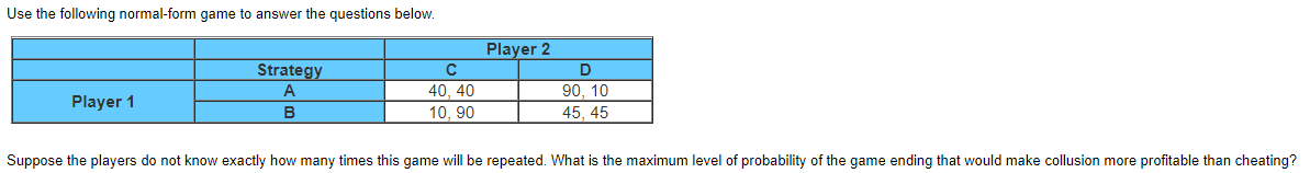 Solved Use the following normal-form game to answer the | Chegg.com