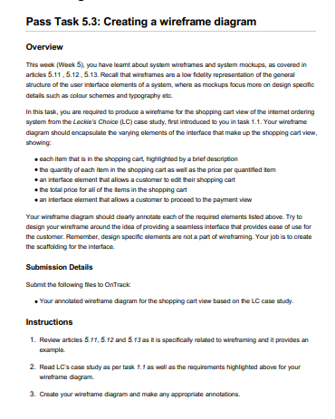 Solved Pass Task 5.3: Creating a wireframe diagram Overview | Chegg.com