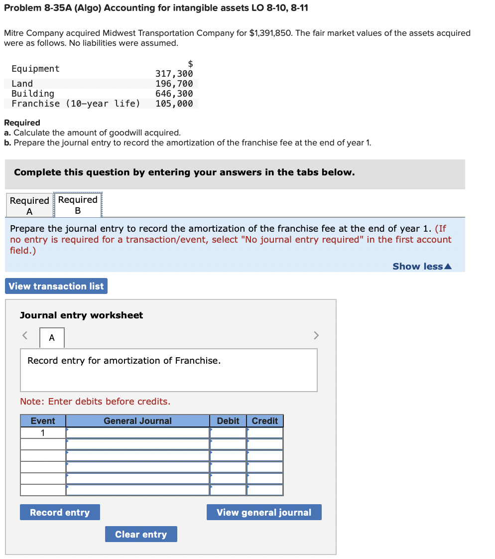 Solved Problem 8-35A (Algo) Accounting for intangible assets | Chegg.com