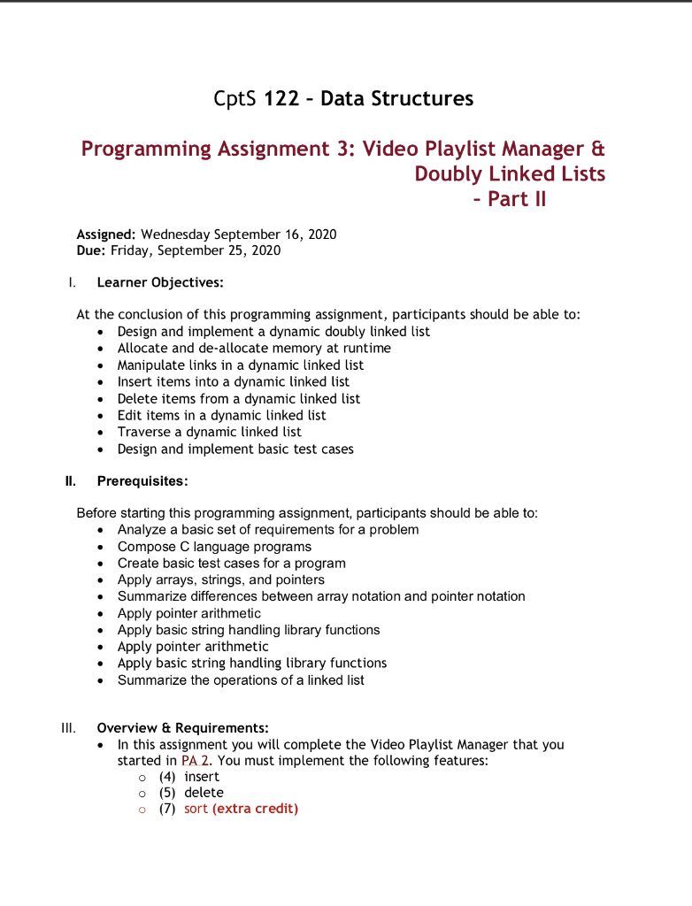 Cpts 122 - Data Structures Programming Assignment 3: | Chegg.com