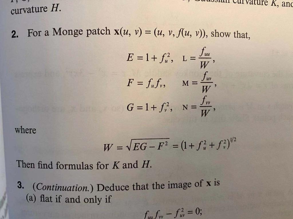Solved ture K, and curvature H. 2. For a Monge patch x(u, v) | Chegg.com