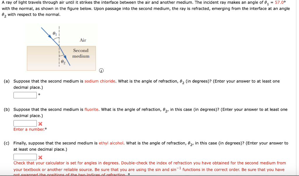 Solved A ray of light travels through air until it strikes | Chegg.com