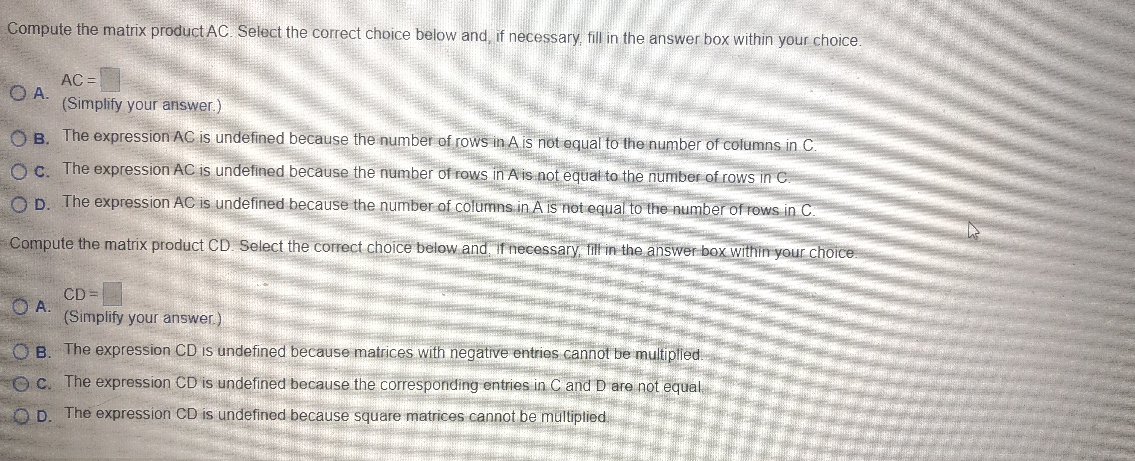 Solved Compute the matrix product −2A. Select the correct | Chegg.com