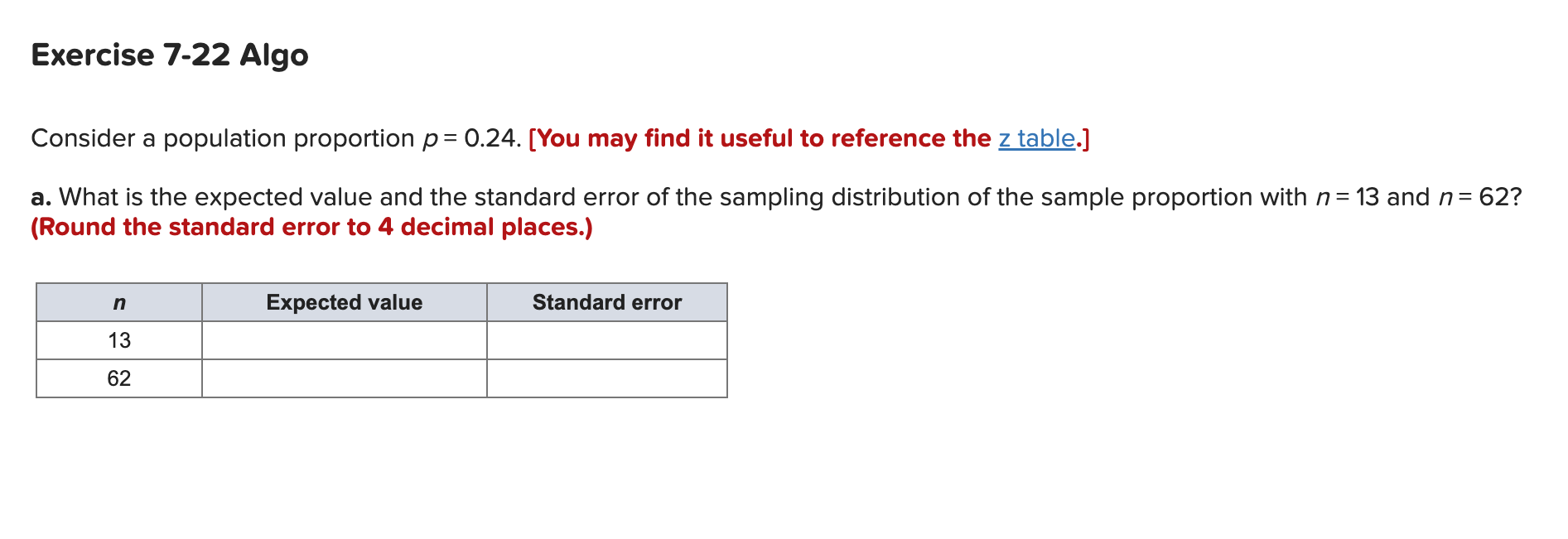 Solved Exercise 7-22 Algo Consider a population proportion | Chegg.com