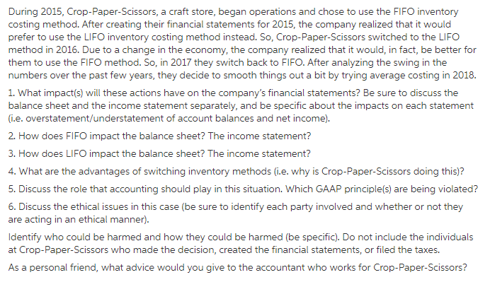 Solved During 2015, Crop-Paper-Scissors, a craft store, | Chegg.com