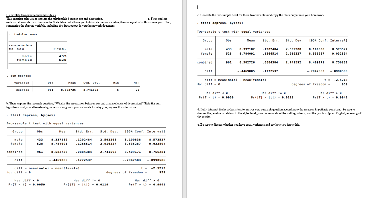 Solved | Generate the two-sample t-test for these two | Chegg.com