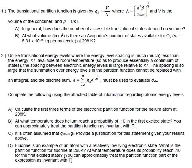 Solved V hB 1.) The translational partition function is | Chegg.com