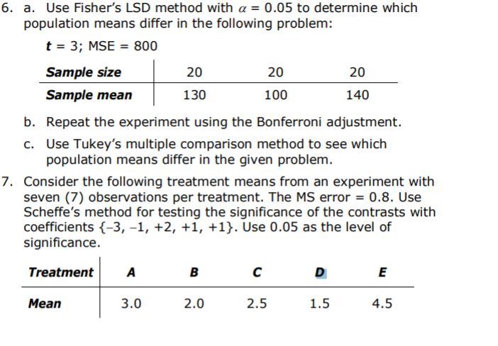 Solved 6. a. Use Fisher's LSD method with a = 0.05 to | Chegg.com