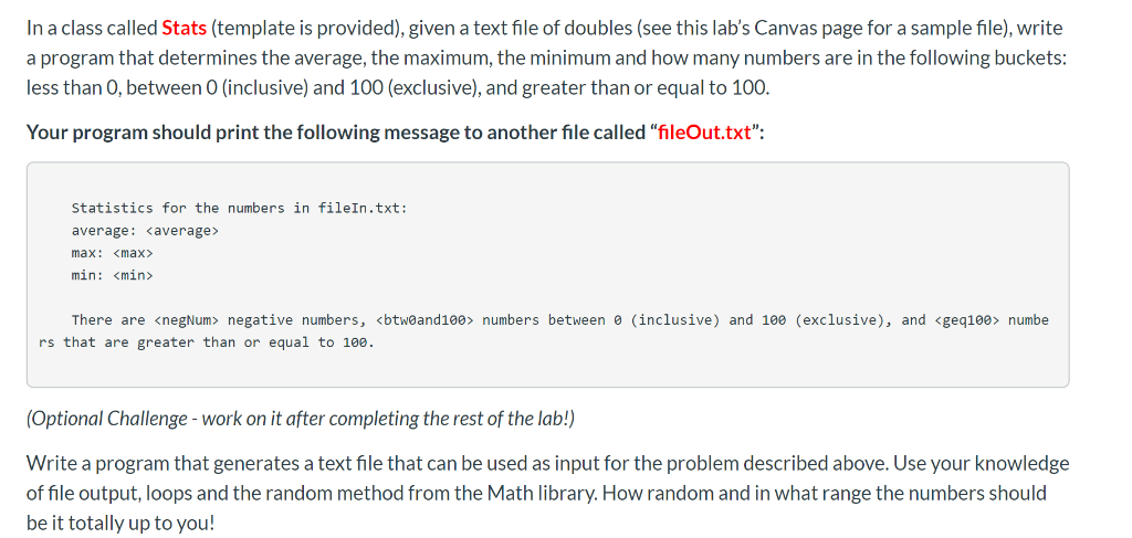 Solved In a class called Stats (template is provided), given | Chegg.com