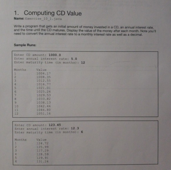 Solved 1. Computing CD Value Name: Exercise 10 1.java Write | Chegg.com