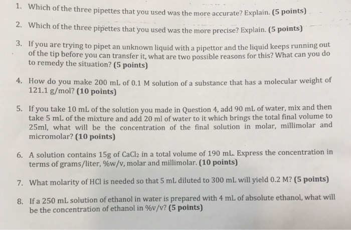 Solved Part I Precision of pipette 2-20 ul (5 points) 1) | Chegg.com