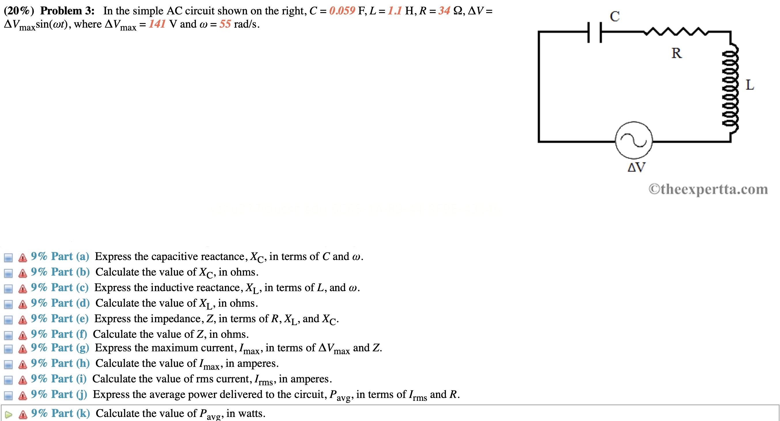 Solved (20%) ﻿Problem 3: In the simple AC circuit shown on | Chegg.com