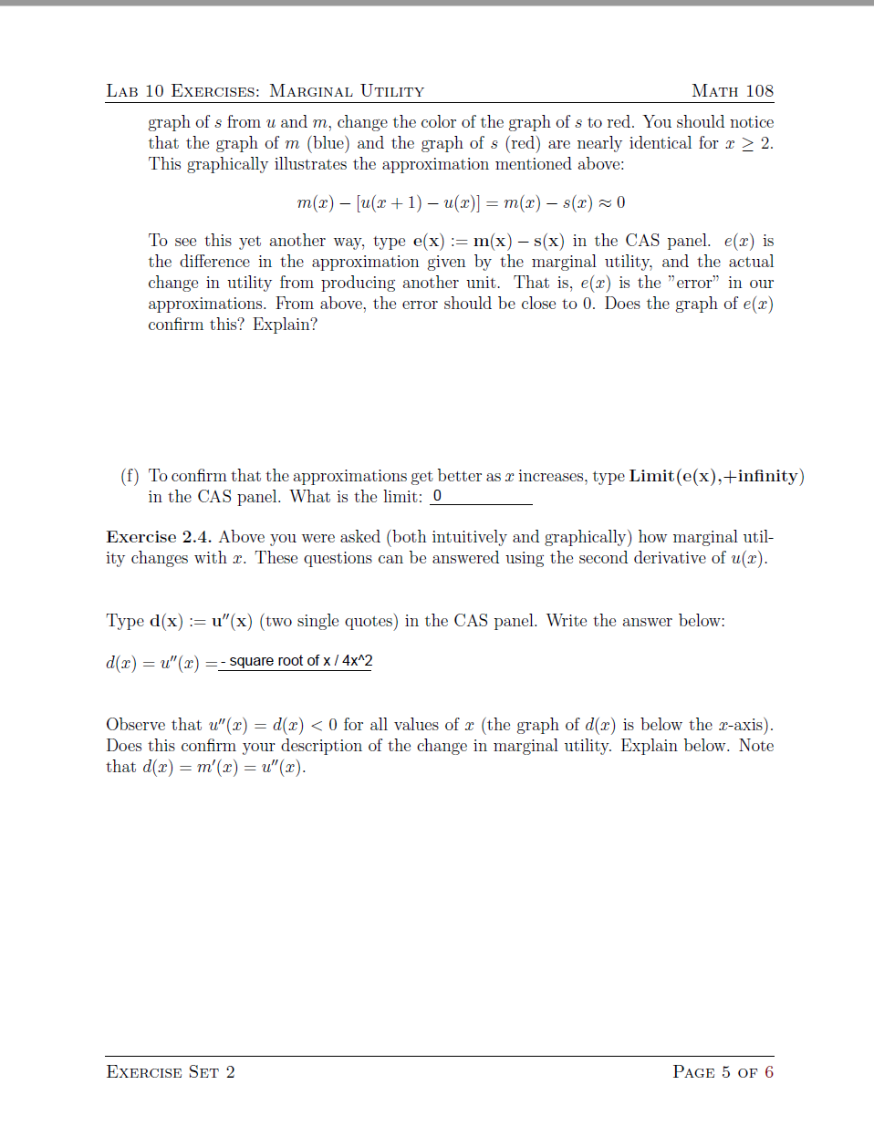 Lab 10 Exercises Marginal Utility Math 108 O