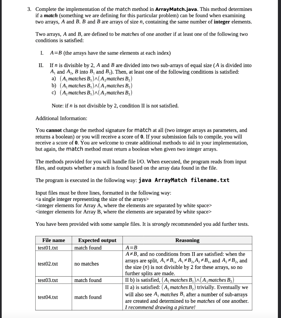 Solved 3. Complete the implementation of the match method in | Chegg.com