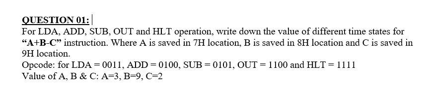 Solved QUESTION 01: For LDA, ADD, SUB, OUT and HLT | Chegg.com