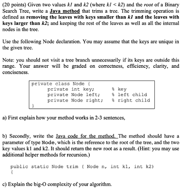 Solved (20 points) Given two values kl and k2 (where kl | Chegg.com
