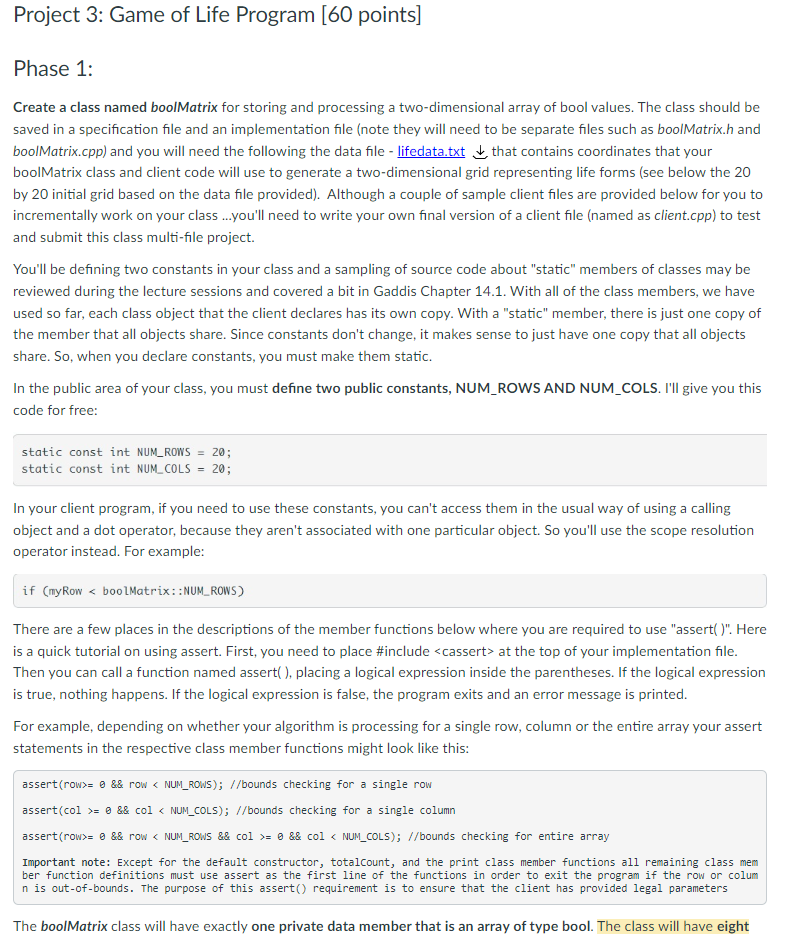Solved Project 3: Game of Life Program (60 points] Phase 1: | Chegg.com