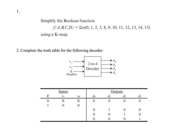 Solved 1. Simplify the Boolean function ( A,B,C,D) = Em(0, | Chegg.com