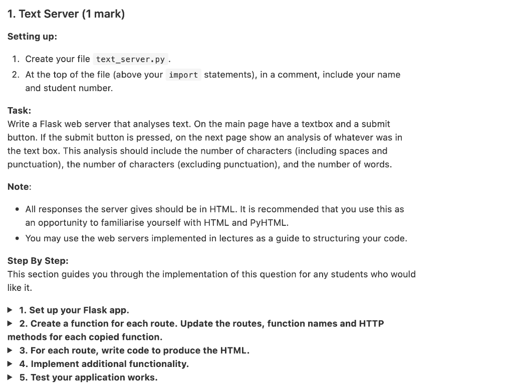Solved 1. Text Server (1 mark) Setting up: 1. Create your | Chegg.com