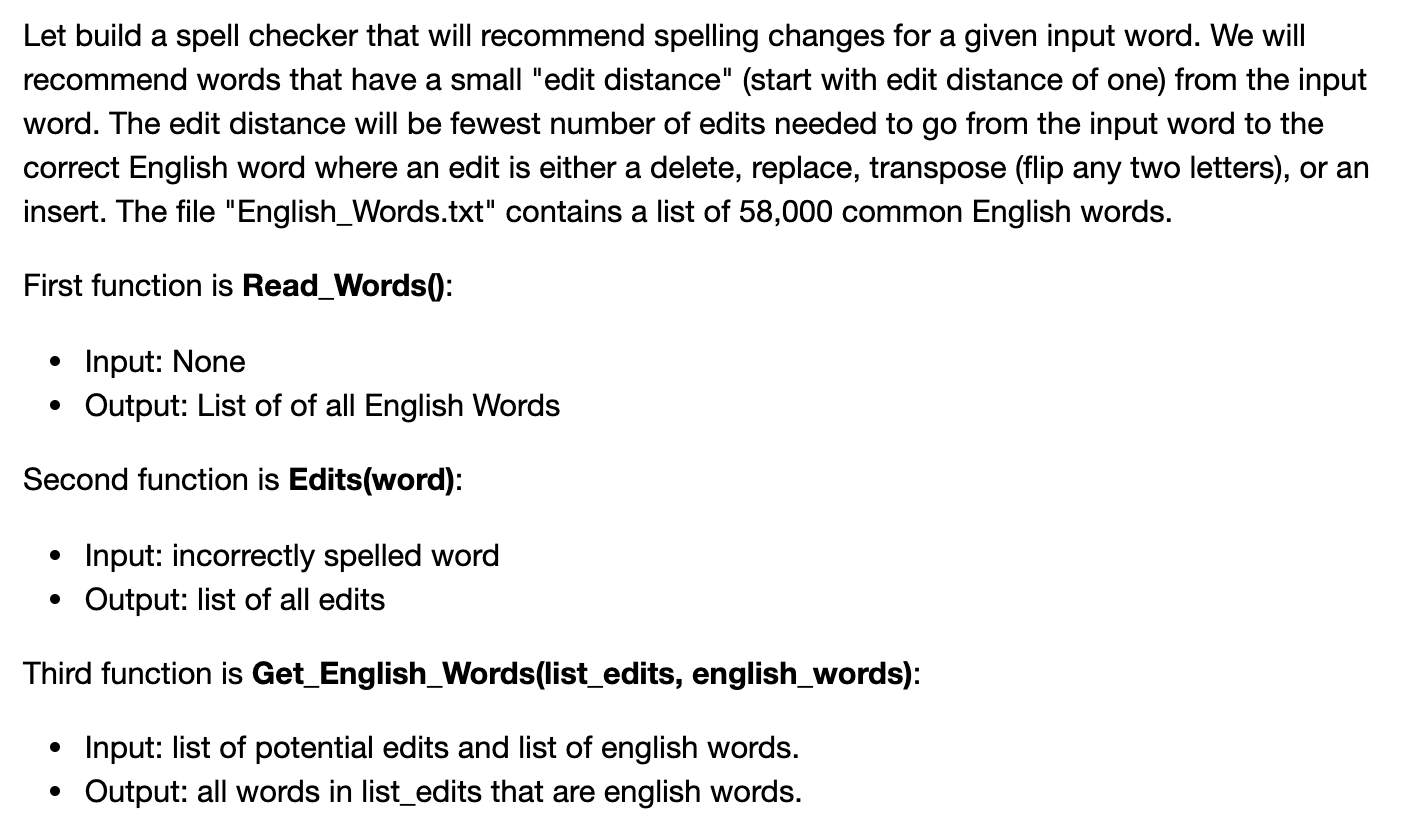 Let build a spell checker that will recommend | Chegg.com