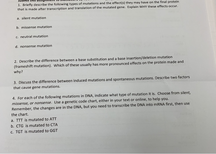 Solved 1. Briefly describe the following types of mutations | Chegg.com