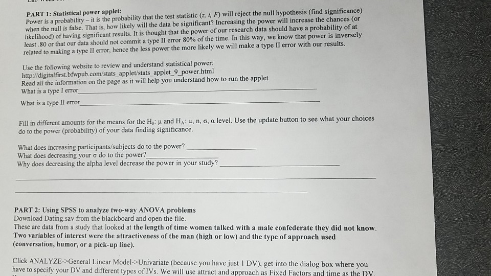 Solved PART 1: Statistical power applet: Power is a | Chegg.com