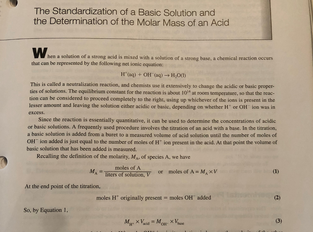 Solved The Standardization of a Basic Solution and the | Chegg.com