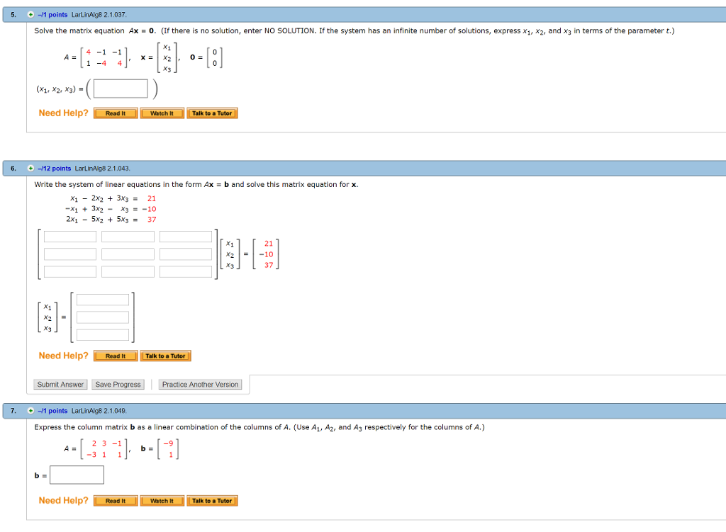 Solved 5. 1 points LarLinAlg8 2.1.037 Solve the matrix | Chegg.com