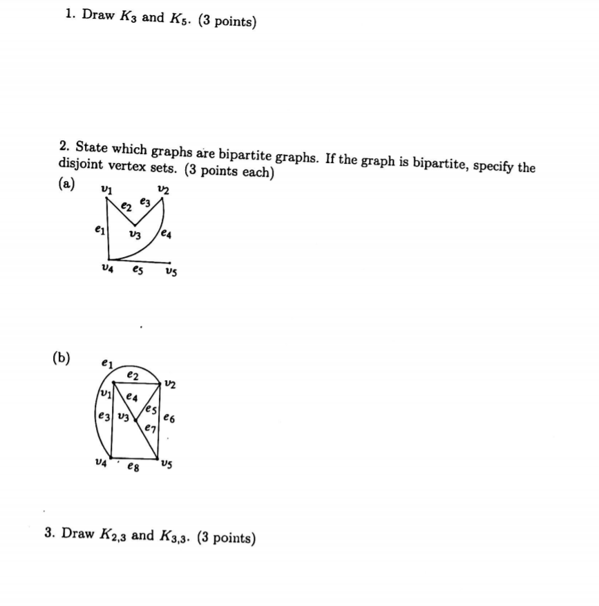 Solved 1. Draw K3 and K5. (3 points) 2. State which graphs | Chegg.com