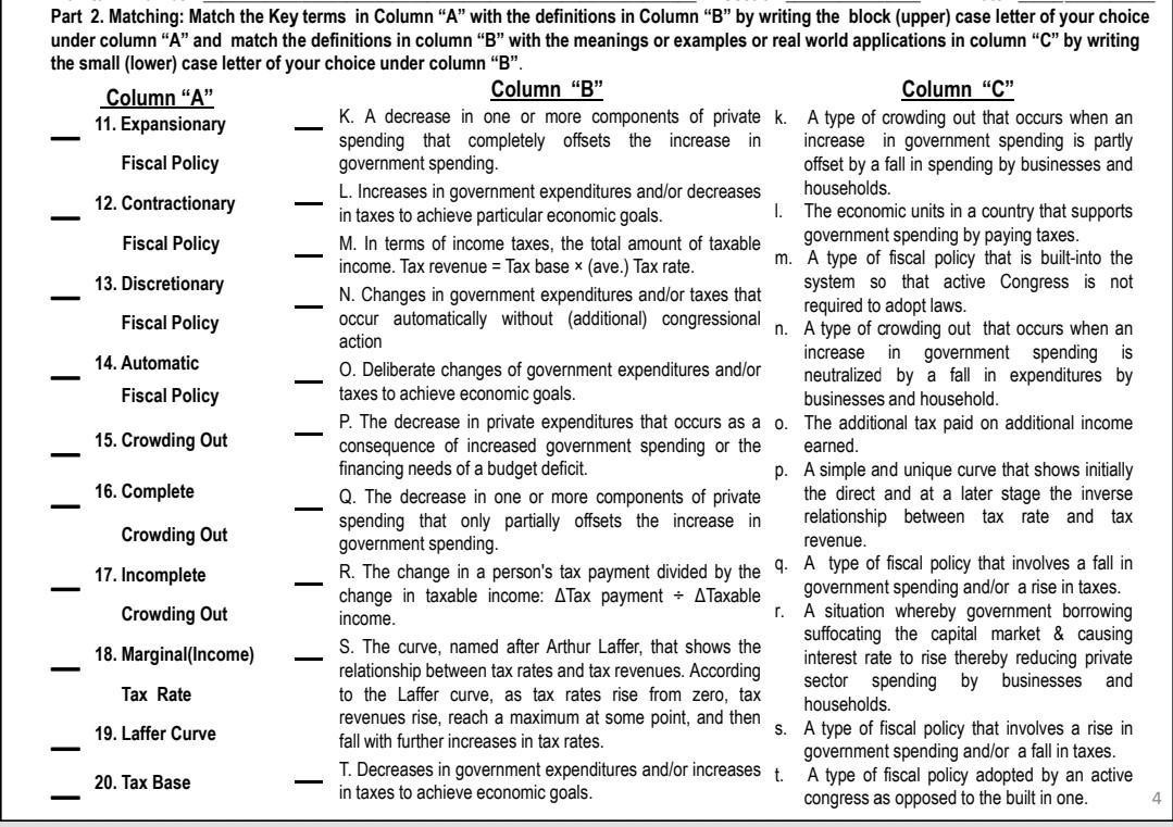 Solved - - - Part 2. Matching: Match the Key terms in Column | Chegg.com