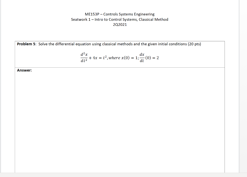 Solved ME153P - Controls Systems Engineering Seatwork 1 - | Chegg.com
