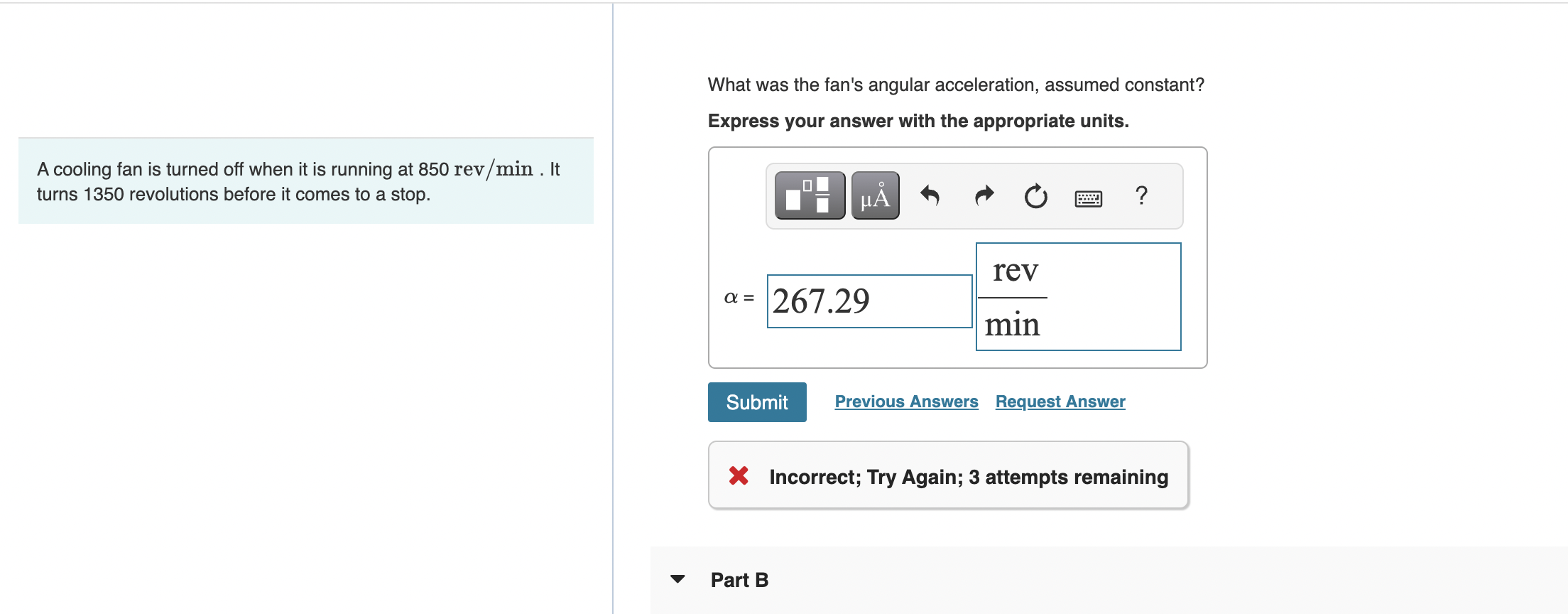 Solved A cooling fan is turned off when it is running at | Chegg.com