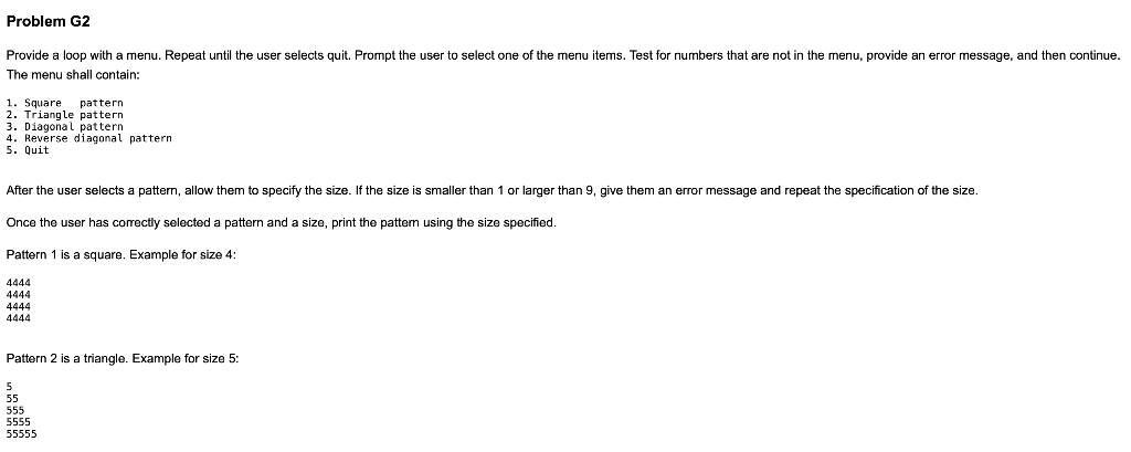 Problem G2 Provide a loop with a menu. Repeat until | Chegg.com