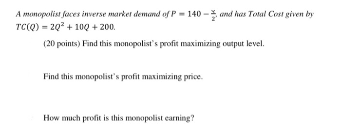 Solved A monopolist faces inverse market demand of P = 140- | Chegg.com