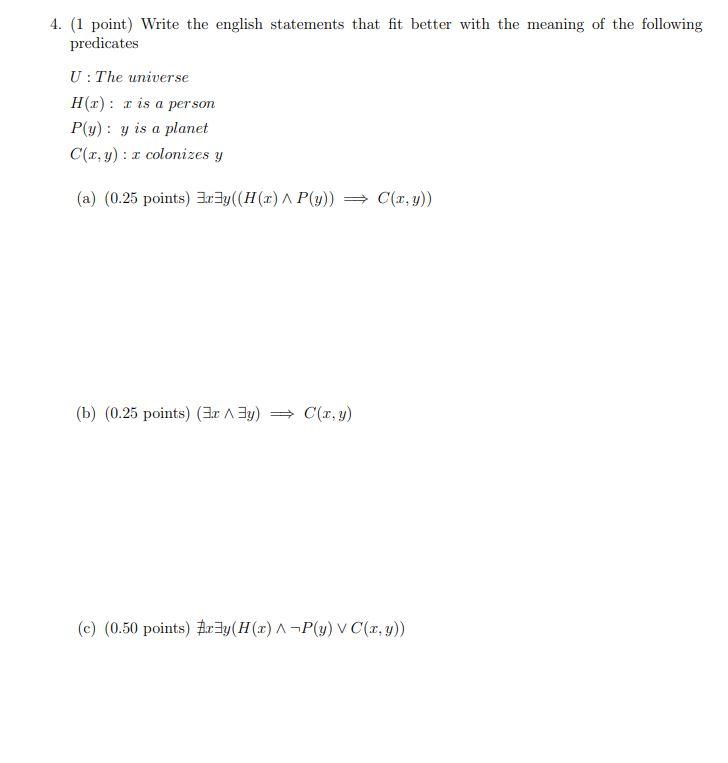 Solved 4. (1 point) Write the english statements that fit | Chegg.com Solved 4. (1 point) Write the english statements that fit | Chegg.com