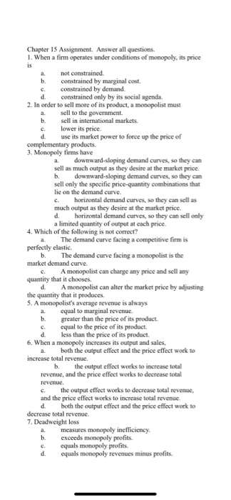 Solved Chapter 15 Assignment. Answer all questions I. When a | Chegg.com