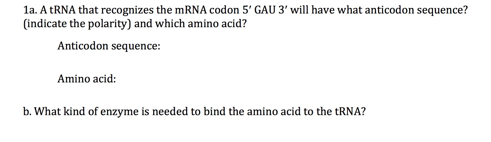 Solved 1a. A tRNA that recognizes the mRNA codon 5' GAU 3' | Chegg.com